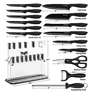 MICHELANGELO Kitchen Knife Set with Block, Sharp Black Knife Set for Kitchen, 16 Piece Stainless Steel Cooking Knife Set with Sharpener, Includes Steak Knives Set, Chef Santoku Knives, Black