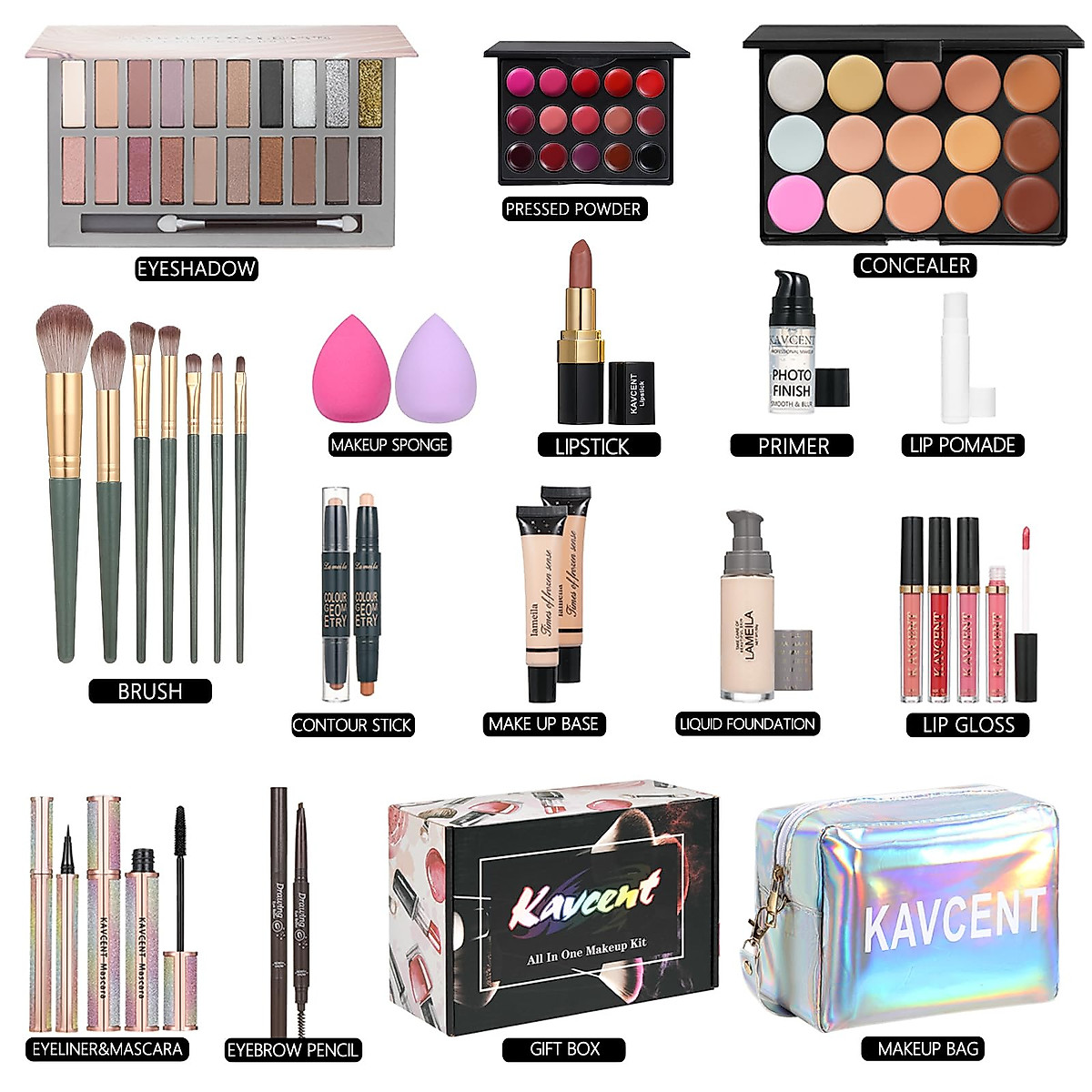 Makeup Gift Set for Teens and Women - Full Kit With Eyeshadow, Foundation, Mascara, Contour, Lipgloss, and Cosmetic Bag