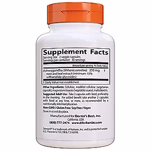 Doctor's Best Ashwagandha with Sensoril, Ayurvedic Herb, Standardized Withania somnifera Extract, Clinically Proven to Support Mental Focus, Cardiovascular Health & Healthy Energy, 125mg, 60 Count