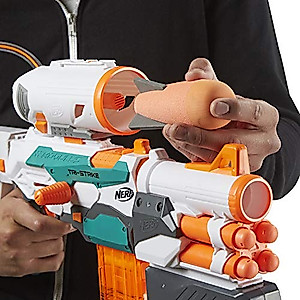 Nerf Modulus Tri-Strike Blaster, Mega Barrel, Rocket Launcher, Clip, 10 Elite Darts, 4 Mega Darts, 1 Rocket, Kids Outdoor Games (Amazon Exclusive)