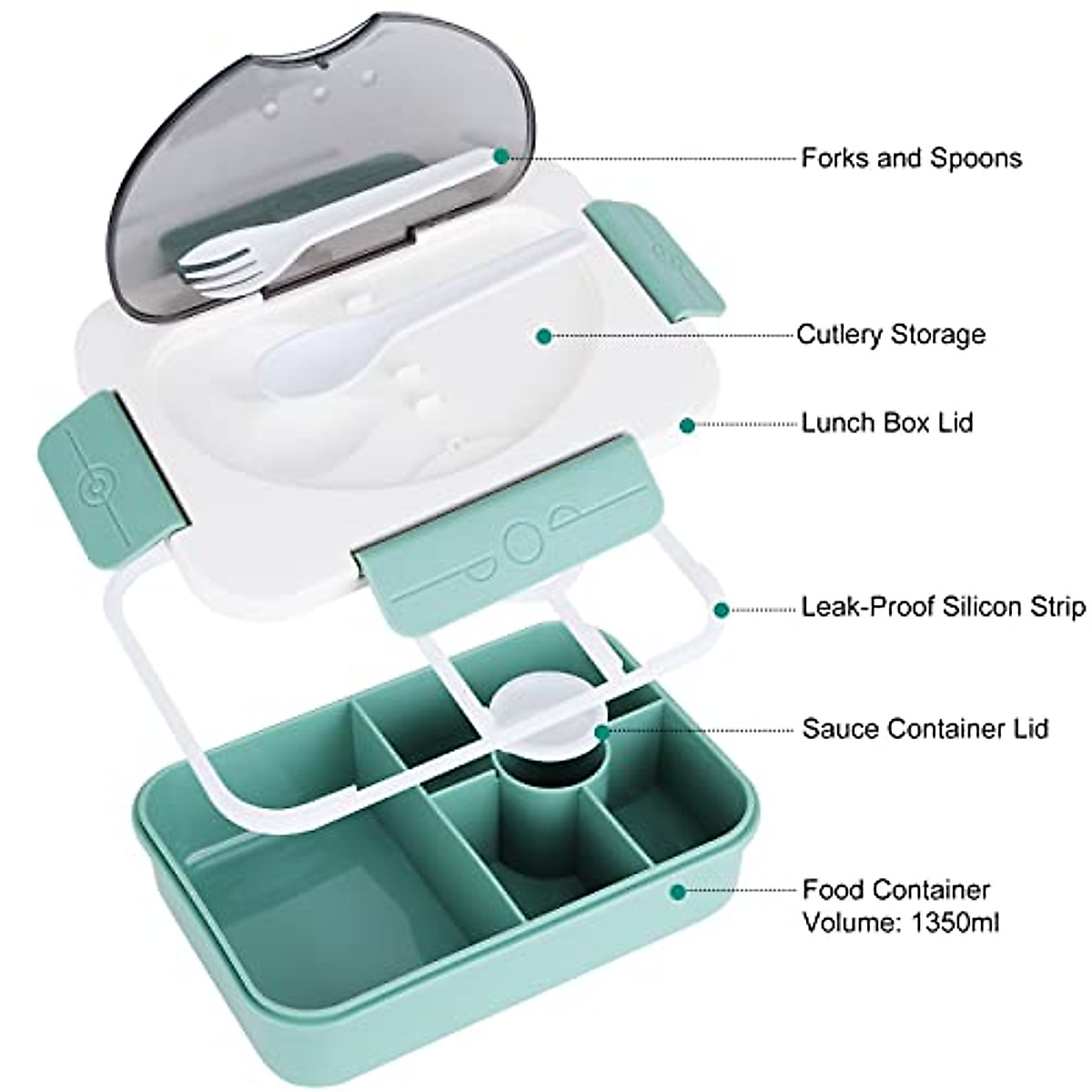 MaMix Bento Lunch Boxes for Adults Kids, Bento Box Adult Lunch Box, 5 Compartment Lunch Box Containers for Adults, Meal Prep Containers Accessories Reusable & Leakproof (Green)