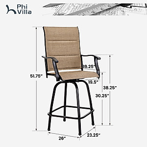 PHI VILLA Outdoor Patio Swivel Bar Stools Set of 4 with Backrest, Bar Height Patio Bar Stools & Chairs with Armrest,Padded Brown Textilene