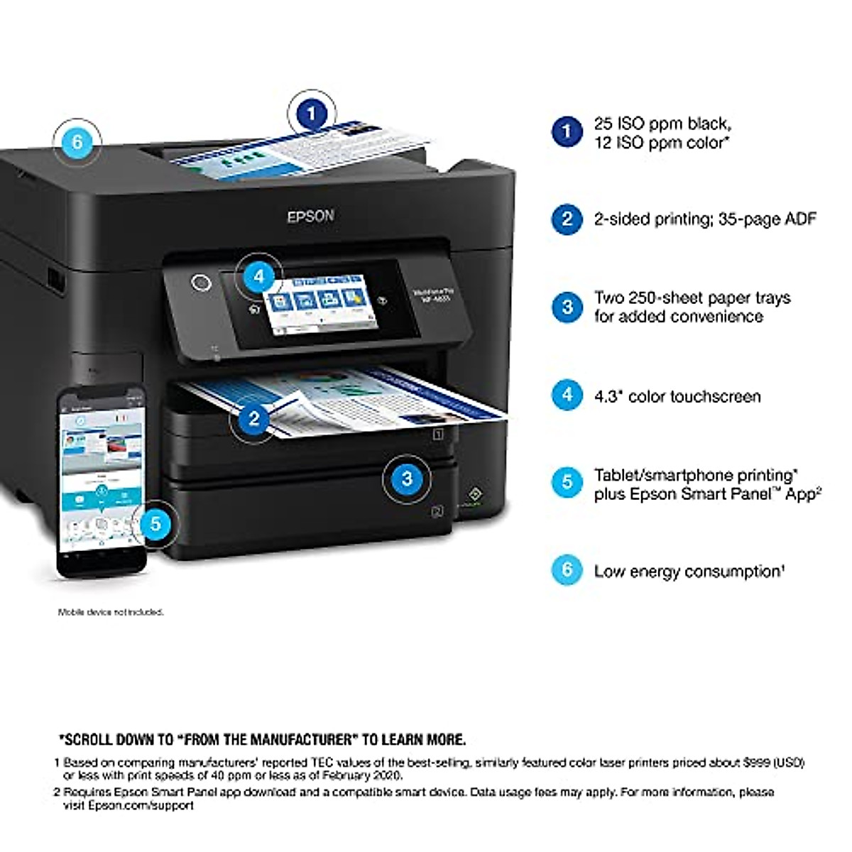 Epson Workforce Pro All-in-One WF-4833 Color Inkjet Printer, 4.3" Color Touchscreen Display, Wireless Connectivity, Automatic Duplex Printing, 4800x2400 dpi, Mobile Cloud Printing, Black, HDMI Cable