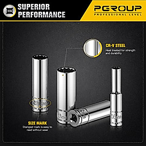 pgroup 1/4 Inch Drive Socket Set - 8 Piece Metric 12-Point Deep Socket Set (6mm, 7mm, 8mm, 9mm, 10mm, 11mm, 12mm, 13mm)- Cr-V Steel with Sturdy Holder - 50BV30
