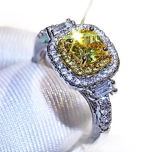 LRGKMCWTOB 925 Sterling Silver Full Diamond Ring Shiny Citrine Ring Square Cut 6CT Canary Yellow Halo Square Cushion Cut CZ Cubic Zirconia Statement Eternity Engagement Wedding Band Ring (Size 7)