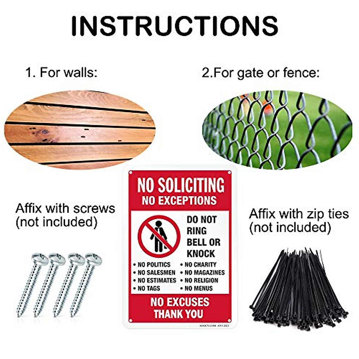 No Soliciting Sign, Funny Decor for House Door Office Business Yard,Metal Aluminum Rust Free, No Excuses, No Exceptions Do Not Ring Bell No Knock Sign - 7" x 9.8", Pre-Drilled Holes, Weather Resistant