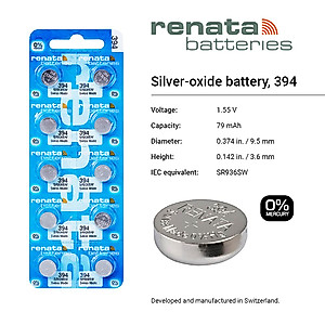 Renata 394 SR936SW Batteries - 1.55V Silver Oxide 394 Watch Battery (20 Count)