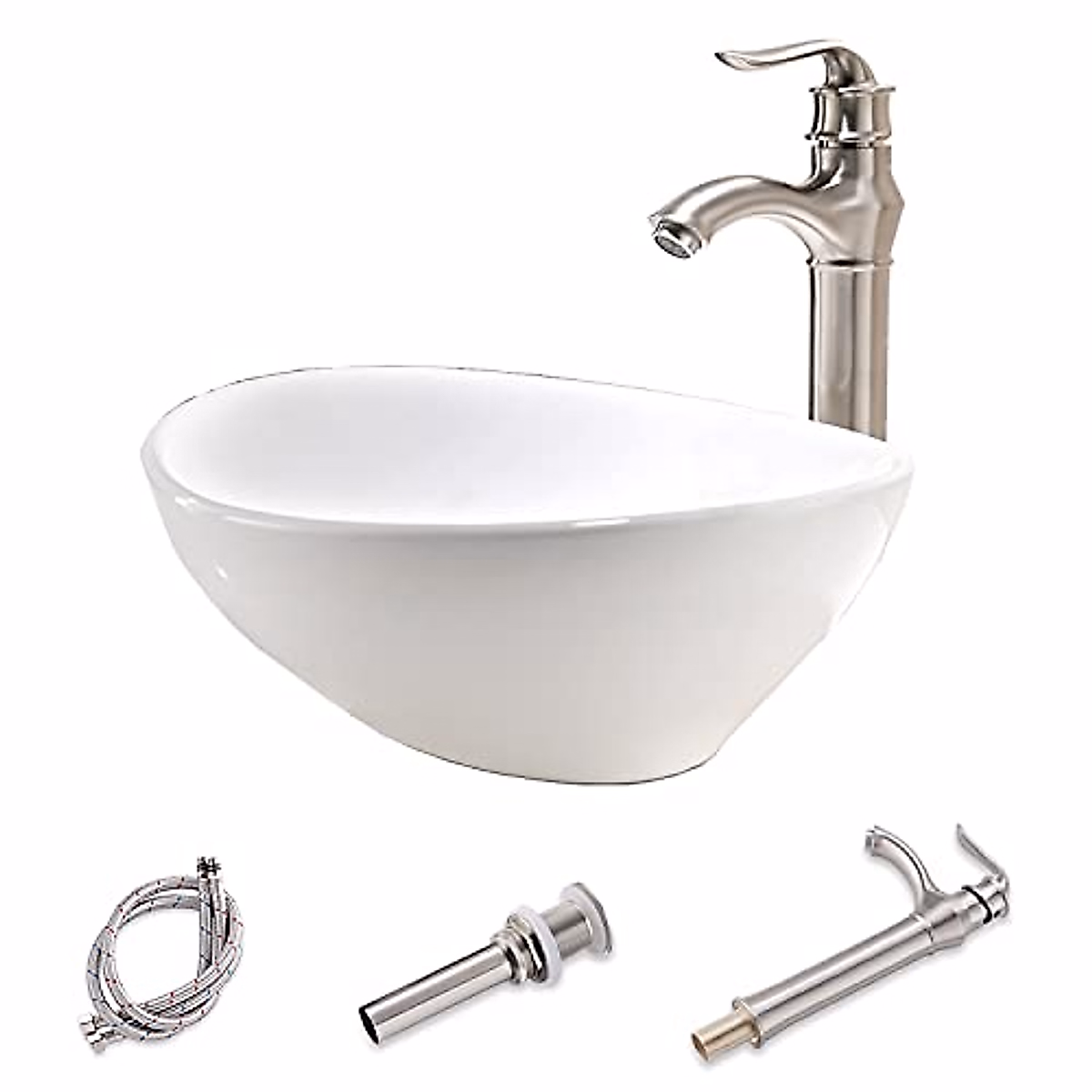 Oval Bathroom Vessel Sink and Faucet Combo -HLBLFY 16"x13" Above Counter White Ceramic Porcelain Ceramic Bathroom Vessel Sink,with Brushed Nickel Single Lever Faucet Matching Pop Up Drain Combo