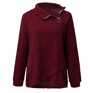 Padaleks Women's Long Sleeve Lapel Side Zip Up Sweatshirt Solid Stylish Loose Fit Casual Pullover Tops Blouses Wine