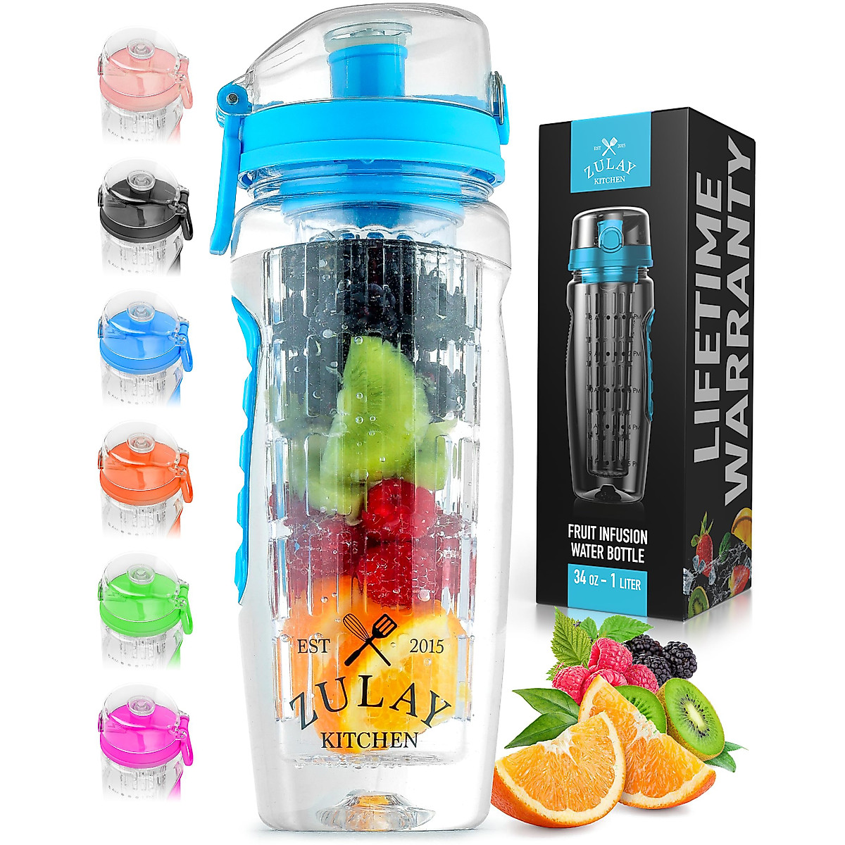 Zulay 34 oz Large, Leakproof Fruit Infuser Water Bottle with Anti-Slip Grip - Men and Women's Ideal Fitness Gift Or For Gym, Camping, and Travel - Lake Blue