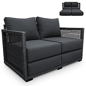 BULEXYARD 2 Person PE Rattan Patio Loveseat Sofa with Extra Thick Cushions,Grey Large Modern Luxury 2 Seats Wicker Conversation Sectional Outdoor Furniture Set for Balcony,Deck,Garden