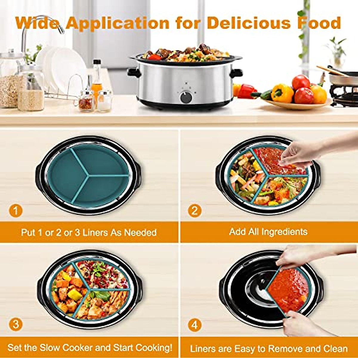 Dompion Silicone Slow Cooker Liners, Reusable 3 Divider Insert Fits for Crock-pot Oval 6/7/8QT Slow Cooker, Dishwasher Safe, Easy Clean, Food-Grade BPA Free Cooking Liners for Most 6-8QT Slow Cooker