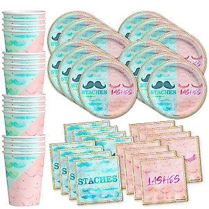 Lashes or Staches? Gender Reveal Party Supplies Set Plates Napkins Cups Tableware Kit for 16
