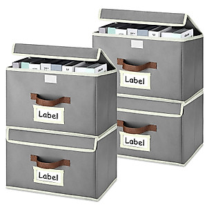 4 Pieces Fabric Foldable Storage Collapsible Cube Bin Organizer Basket with Flip-Top Lid & Handles Toy Clothes Blanket Box for Nursery, Playroom, Home, Office, Closet, 15 x 10 x 10 Inch (Light Gray)