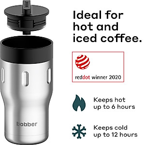 BOBBER - 12 OZ Vacuum Insulated Stainless Steel Portable Travel Coffee Mug With 100% Leakproof Locked Lid (Matte)