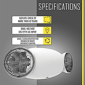 Hubbell Lighting CU2 Commercial Emergency Light with Battery Backup, LED Emergency Lighting Fixture with Twin Adjustable Heads, 90-Minute Runtime, UL924 Listed for Damp Locations, 120-277V, White