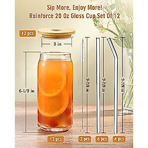 Rainforce 20 Oz Glass Cups With Lids And Straws, Beer Can Shaped Glass 12Pcs Set, Iced Coffee Cups, Glass Beer Can Cups, Drinking Glasses With Bamboo Lids, Beer Glasses, Cute Tumbler Glass Cups