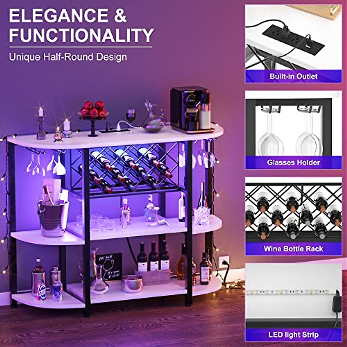 Unikito Bar Table Cabinet with Charging Station,Wine Rack Table with LED light, Wine Bar Cabinet with Storage, Freestanding Floor Bar Cabinet for Liquor and Glasses for Home Kitchen Dining Room, White