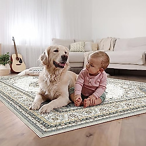 Aelenmu Washable Rugs for Living Room: 9x12 Area Low Pile Soft Rug with Non-Slip Backing Non-Shedding, Medallion Floor Carpet Bedroom Dining Room Nursery Home Office-Beige