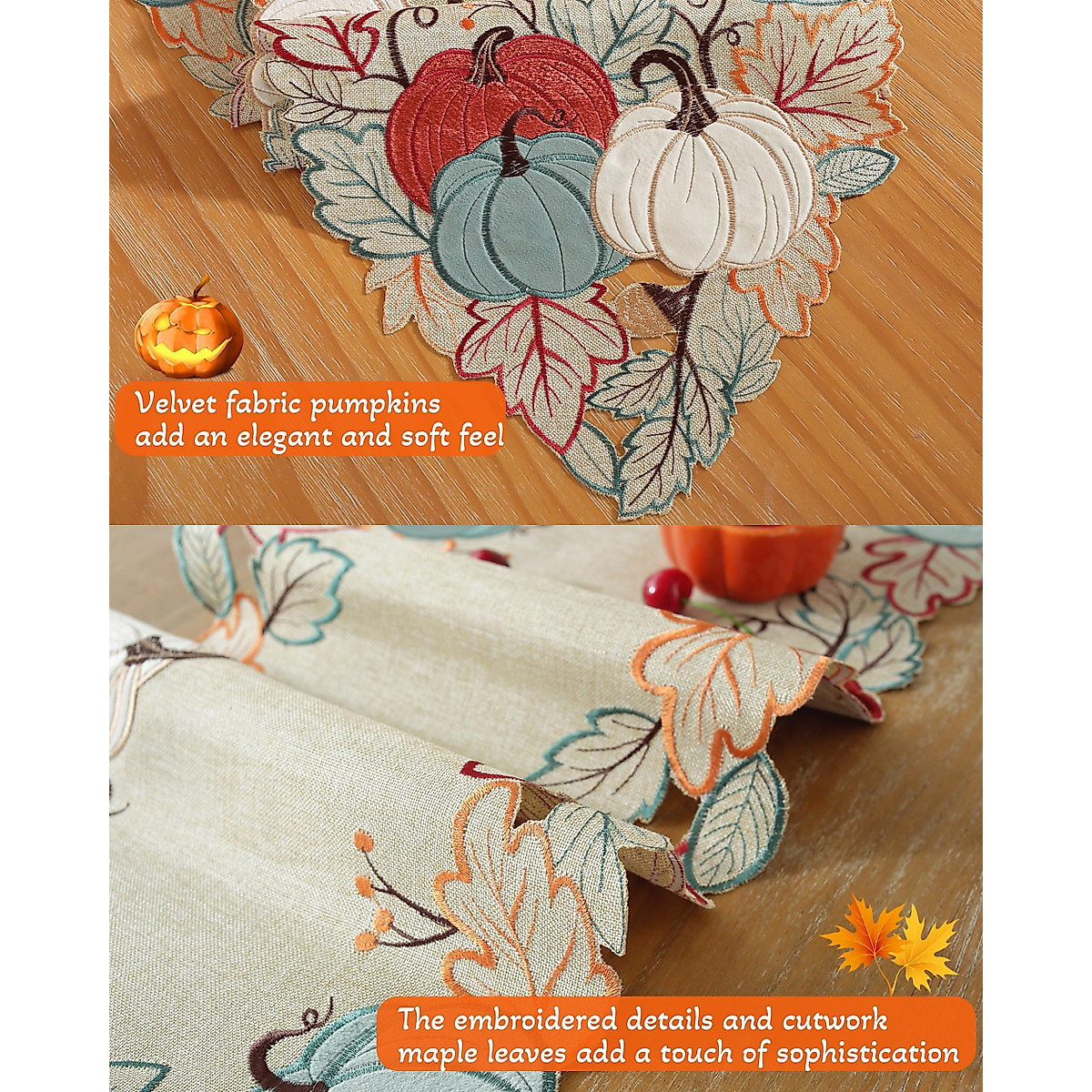 Thanksgiving Table Runner Fall Decorations for Home Fall Table Runner with Embroidered Velvet Pumpkins Maple Leaf. Halloween/ Christmas Table Decorations for Kitchen Dining Harvest Party Decor
