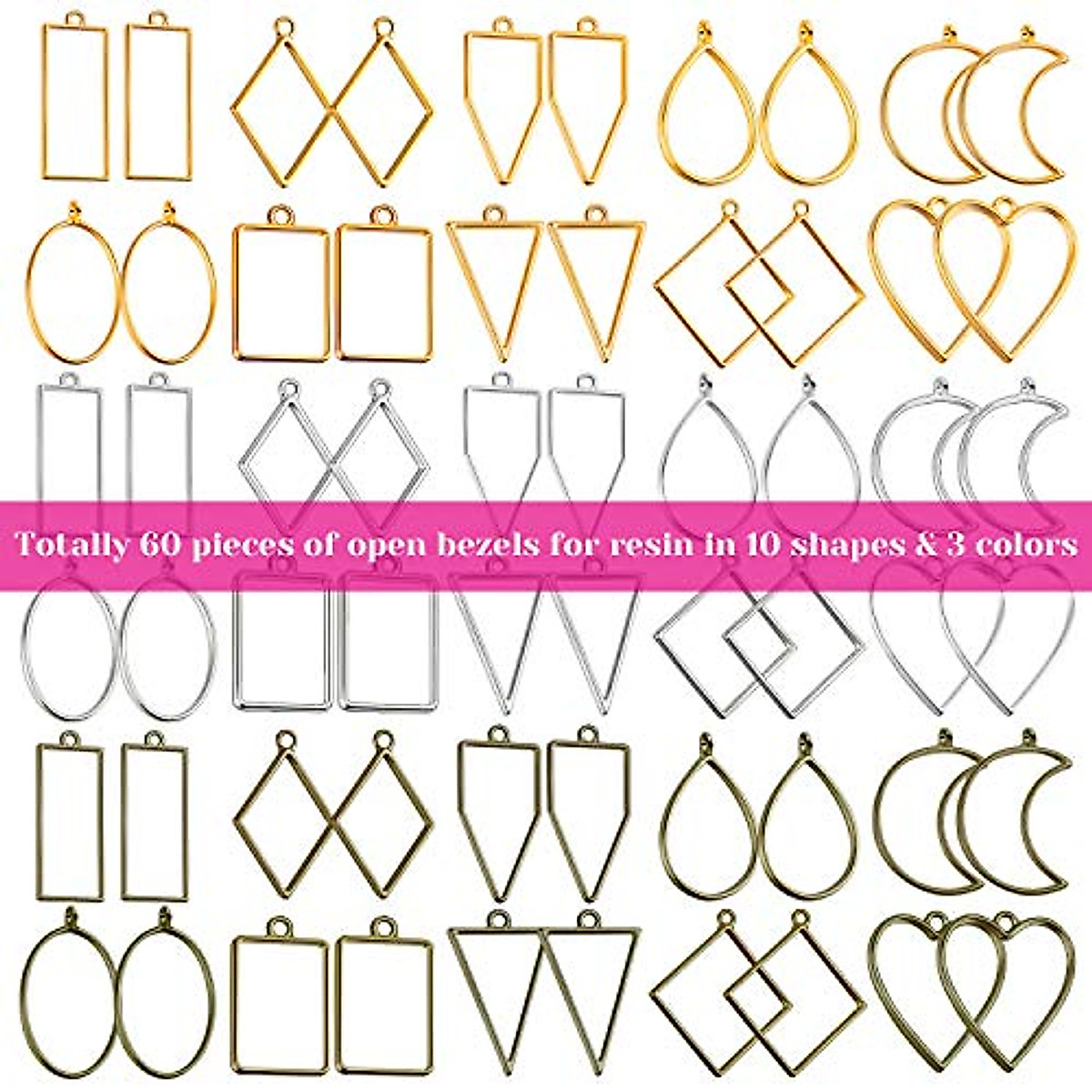 Open Bezels for Resin, Shynek 60Pcs Hollow Frame Pendants Resin Craft Bezels Jewelry Molds for Resin Casting, Necklaces Earrings Making Supplies