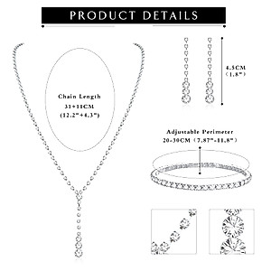 CASSIECA Silver Bridal Jewelry Set Rhinestone Necklace Bracelet Dangle Earrings for Bride Bridesmaid Teardrop Pendant Crystal Wedding Prom Jewelry Accessories for Women