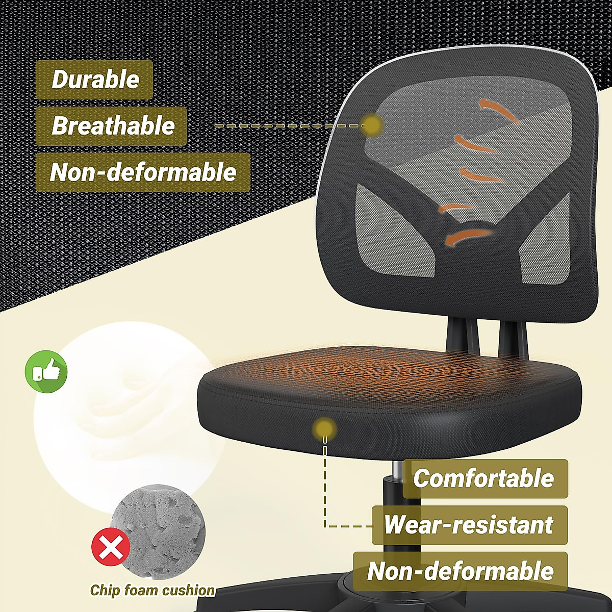 Armless Mesh Small Home Office Computer Desk Chair Without Arms with Lumber Support and Adjustable Height for Child and Adult