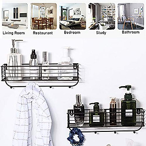 Metal Shower Caddy Bathroom Shelf, No Drilling Traceless Adhesive Bathroom Storage Organizer, Rustproof Food Storage Basket, 2-in-1 Kitchen Spice Racks ，Key Holder with Hook Wall Decoration Multi-function Rack - (Matte Black)