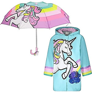Girls Rain Jacket & Kids Umbrella Set - Toddler Umbrellas for Rain - Kids Raincoat for Boys and Girls Rain Coat for 5-7 (Unicorn Design)