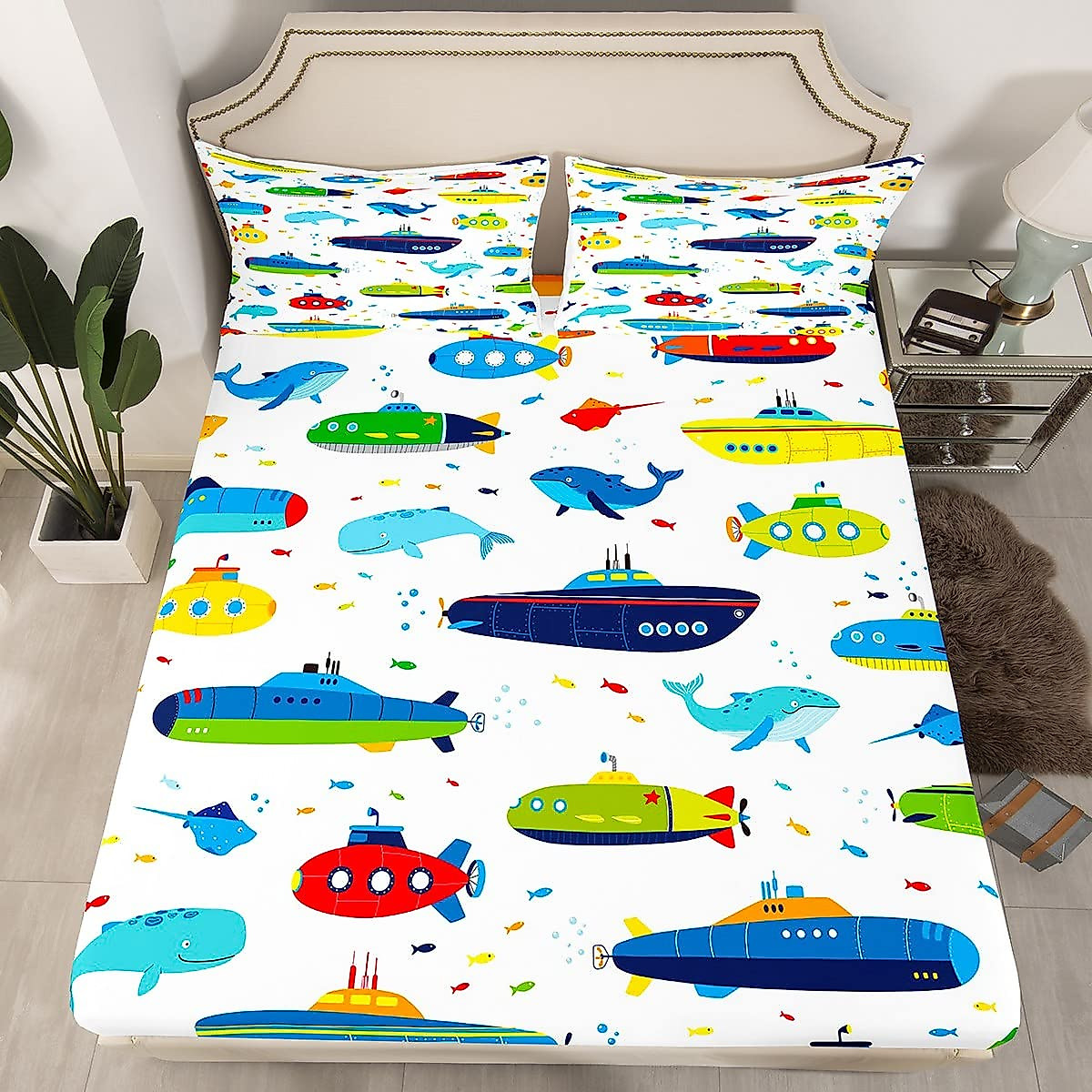 Submarines Bedding Set Twin Size Dolphin and Whale Bed Set for Girls Teens Bedroom Decor Kids Underwater World Fitted Sheet Soft Microfiber Ocean Theme Bed Cover(1 Fitted Sheet+1 Pillow Case)