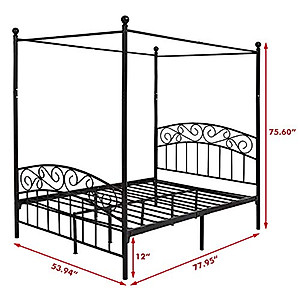 JURMERRY Metal Canopy Bed Frame Four-Poster Bed with Headboard & Footboard Mattress Foundation Sturdy Slatted Structure No Box Spring Needed Easy Assembly,Full Black