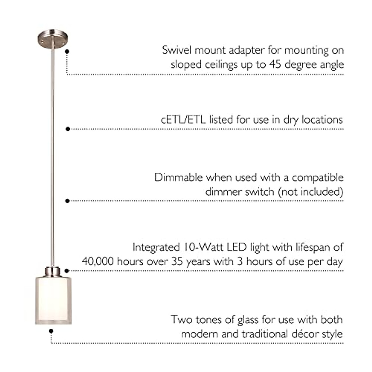 Design House 587345 Oslo Traditional 1-Light Integrated LED Indoor Dimmable Mini Pendant with Double Glass Shade for Bathroom Kitchen Island Bar, Satin Nickel
