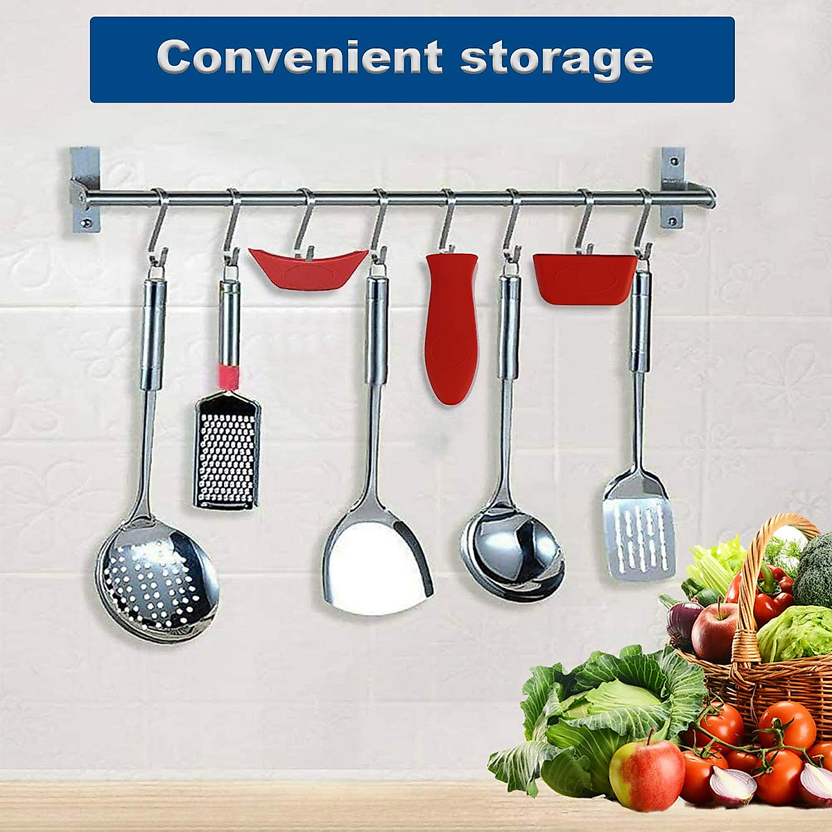 PAPABA 8Pcs/Set Silicone Hot Handle Cover Pot Holders Heat-Resistant Grip Handle Sleeves Lid Covers with Scraper for Frying Pans Cookware Red