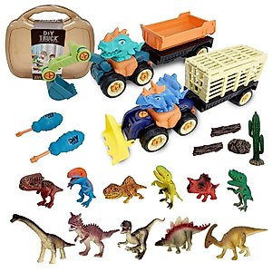 Dinosaur Truck Toys, 2 Pack Dinosaur Truck Carrier Playset with 11pcs Mini Dinosaur Figures, Dinosaur Transport Truck Playset Birthday Party Gifts for Kids