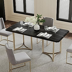 Maotifeys Modern Marble Dining Table,71" Rectangle Black Faux Marble Top Dining Table with Brushed Metal Pedestal Base,Kitchen Table for 6-8 Person Dinner Table for Dining Room,Living Room,Home Office