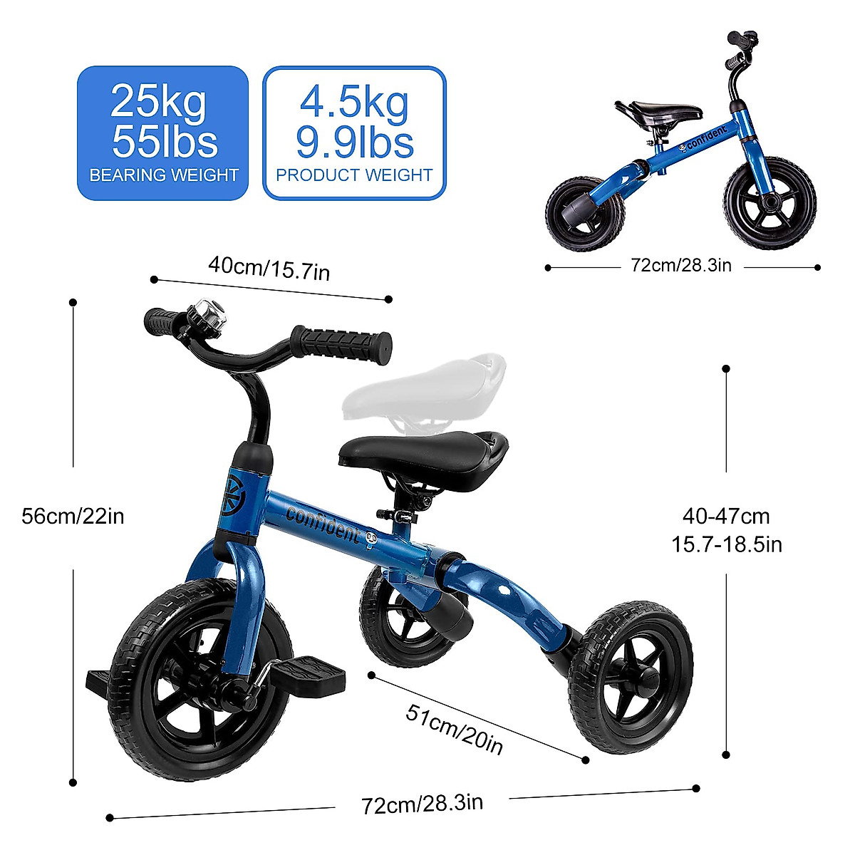 YGJT 3 in 1 Tricycle for Toddlers Age 2-5 Years Old, Folding Kids Balance Bikes with Adjustable Seat and Removable Pedal, Ride-on Toys for Infant, Gift for Baby Boys Girls Birthday(Blue)