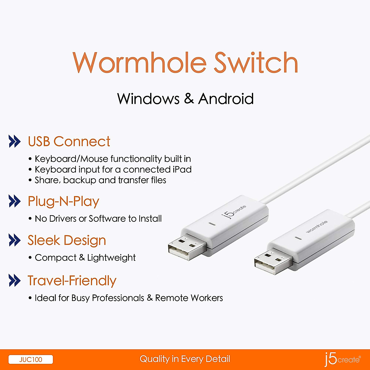 j5create JUC100 Data, Keyboard, and Mouse Sharing/Transfer USB Cable [ Wormhole Switch Windows to Windows ] Transfer Data Between 2 Windows PC