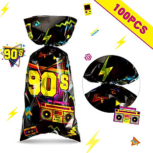 100 Pieces 90s Party Treat Bags 90s Candy Bags Neon Retro 1990s Birthday Cellophane Plastic Goodie Bags with 100 Silver Twist Ties for 90s Theme Party Supplies