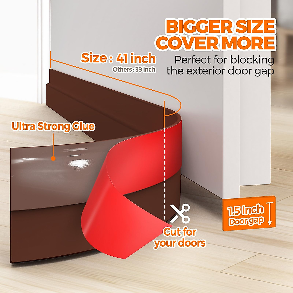 Holikme Door Draft Stopper Under Door Draft Blocker Insulator Door Sweep Weather Stripping Noise Stopper Strong Adhesive Door Stops of Rubber Brown