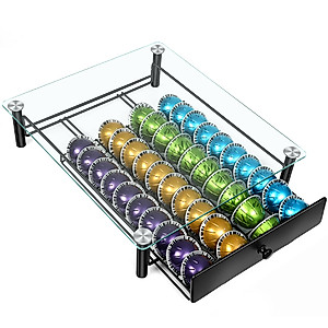 ROWISE Coffee Pod Drawers, Crystal Tempered Glass Pod Holder Drawer Compatible with Nespresso Capsules, Holds Up to 40 Capsules, Size 13"x14.7"x3.5"