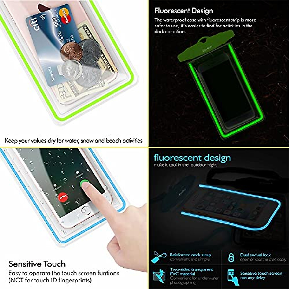 Universal Waterproof Phone Pouch, 4 Pack Waterproof Phone Case Dry Bag with Neck Strap Luminous Ornament for Water Games Protect iPhone 14 13 12 11 SE Pro Max Plus Galaxy S22 S21 Google Note up to 8"