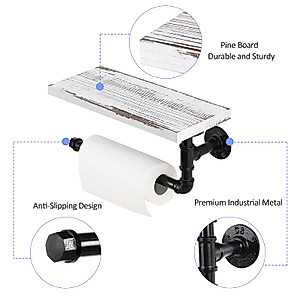 Paper Towel Holder with Shelf Rustic Toilet Paper Roll Holder Wall Mount Industrial Pipe Toilet Paper Holder with Wooden Shelf for Bathroom Washroom Kitchen