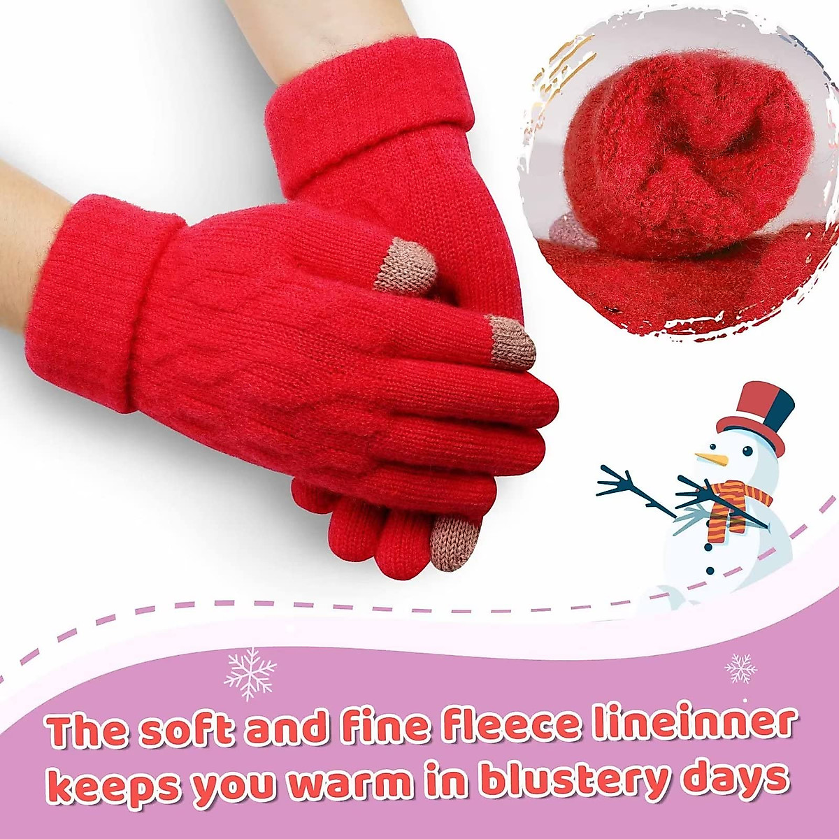 PHODIL Kids Gloves Winter Warm With Touchscreen Fingers 3 Pairs,Toddler Gloves Knitted with Fleece Lined for Cold Weather,Girls Gloves Boys Gloves Mittens for Children Age 9-15
