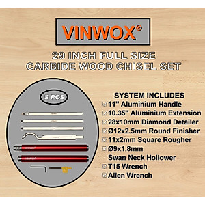 VINWOX 8 PCS Carbide Wood Lathe Turning Tool Set, Carbide Lathe Turning Tool, Including Swan Neck Hollower, Rougher, Finisher, Detailer, Pen Turning tools, Aluminum Alloy Handles from 14" to 29"
