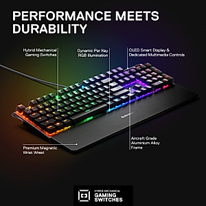 SteelSeries USB Apex 5 Hybrid Mechanical Gaming Keyboard – Per-Key RGB Illumination – Aircraft Grade Aluminum Alloy Frame – OLED Smart Display (Hybrid Blue Switch)