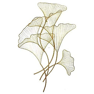 Bellaa Metal Wall Art Golden Ginkgo Leaf Modern Contemporary Abstract Japanese Style Minimalist 3D Sculpture Figurine Unique Home Decor Living Room Outdoor Wrought Iron Accent Large Biloba Flower