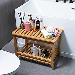 Zoopolyn Bamboo Shower Bench Seat with Storage Shelf Shower Stool Chair for Shaving Legs in Bathroom & Inside Shower Natural