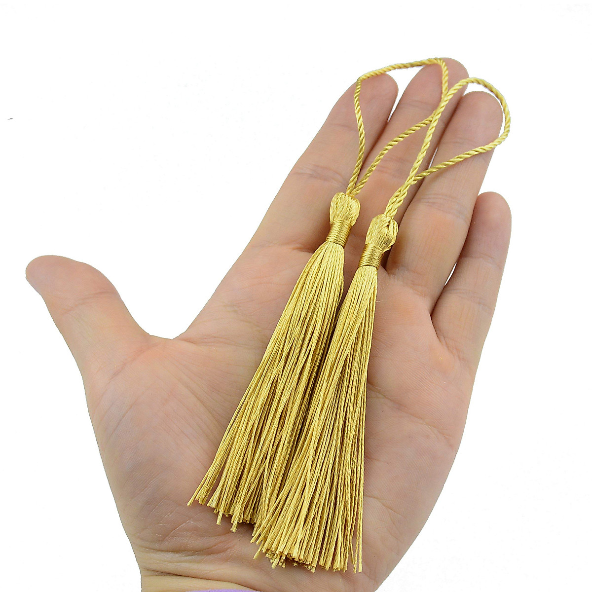 100pcs 13cm/5 Inch Silky Floss Bookmark Tassels with 2-Inch Cord Loop and Small Chinese Knot for Jewelry Making, Souvenir, Bookmarks, DIY Craft Accessory (Light Gold)