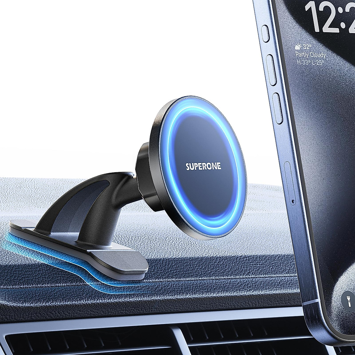 SUPERONE for MagSafe Car Mount, Strong [Never Drop] Magnetic Phone Holder for Car Dash, HandsFree 360° Rotation Phone Mount [Strongest 3M Adhesive] for iPhone 15 14 13 12 & MagSafe Case - Black
