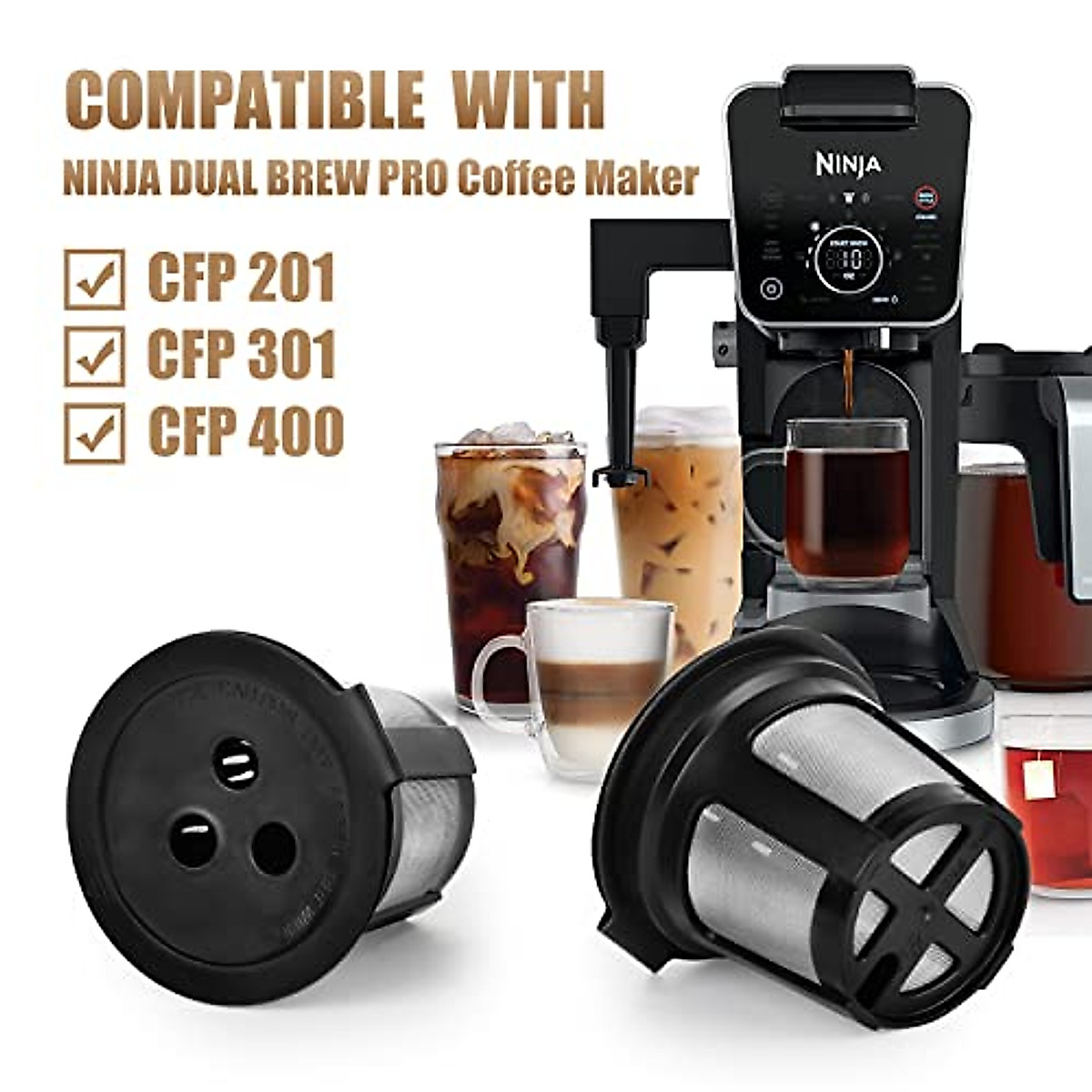 Reusable Coffee Filter for Ninja Coffee Maker, 4 Pack Refillable K Cup Coffee Pods with BPA Free and Stainless Steel Mess Material Compatible with Ninja CFP201 CFP301 CFP400 Dual Brew Pro Coffee Maker